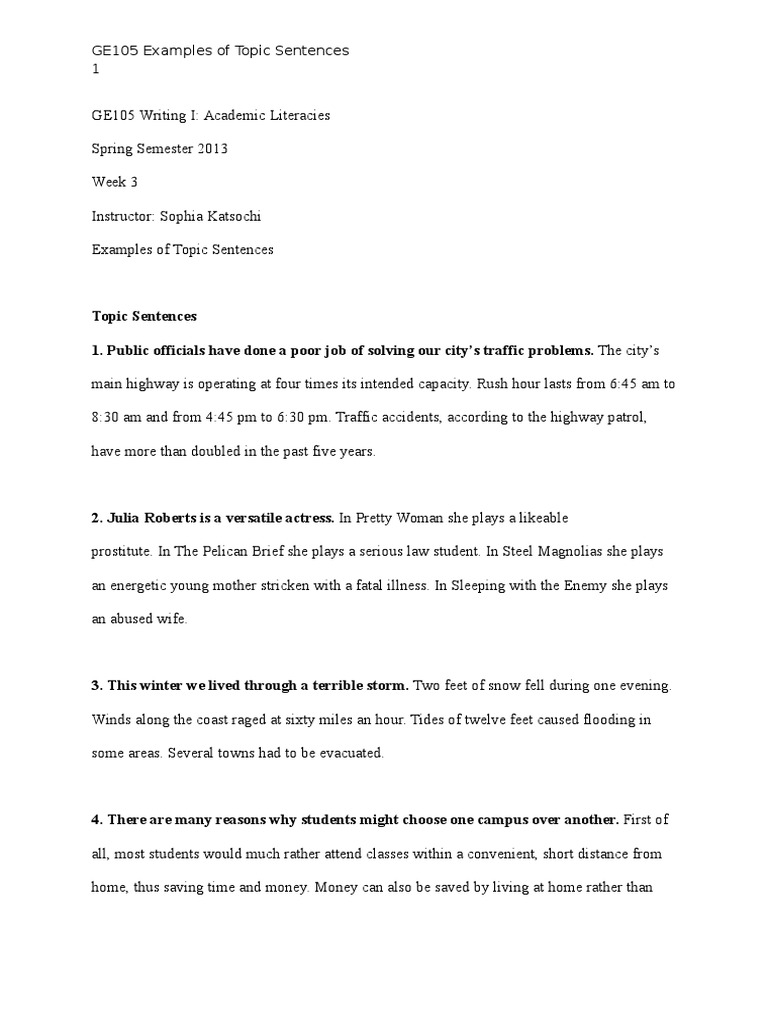 GE105 - EXAMPLES of Topic Sentences | PDF