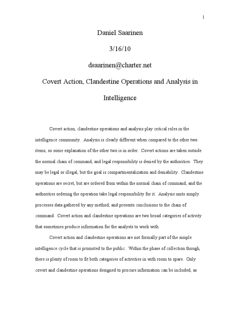 Covert Action, Clandestine Operations and Analysis in Intelligence ...