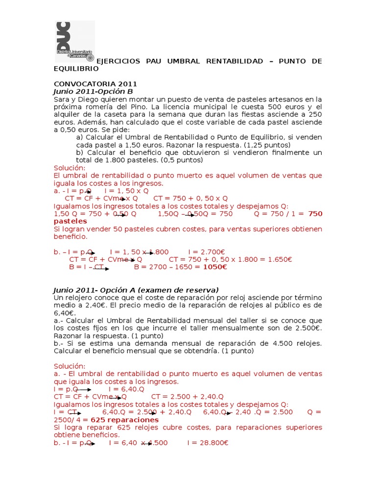 Ejercicios Resueltos de Punto Muerto o Umbral de Rentabilidad | PDF ... Ejercicios Resueltos de Punto Muerto o Umbral de Rentabilidad | PDF ...