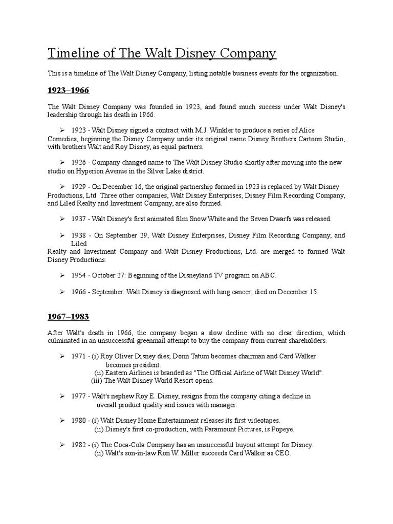 Timeline of The Walt Disney Company | PDF | The Walt Disney Company ...