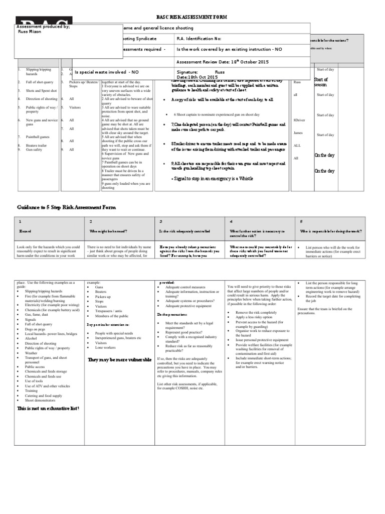Basc Risk Assessment Form: Start of Season | PDF | Prevention | Risk
