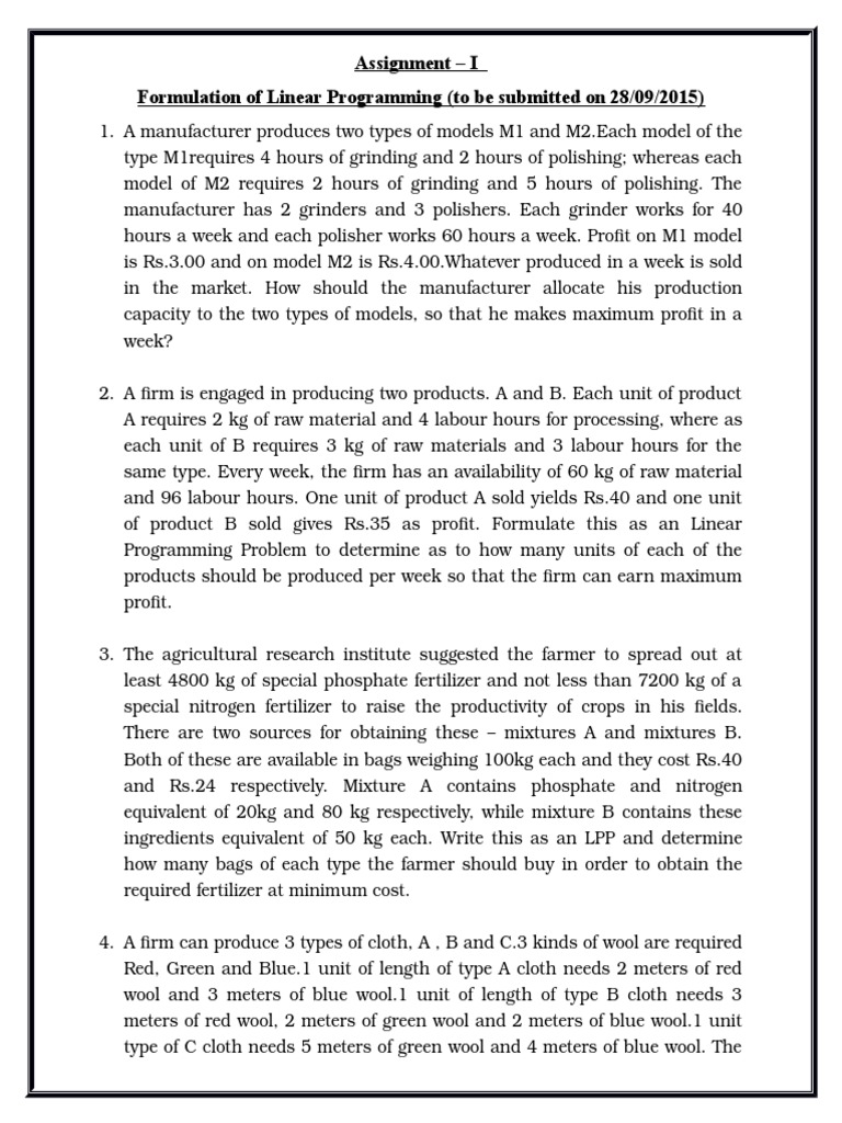 Assignment Questions On Linear Programming | PDF | Fertilizer | Labour Economics