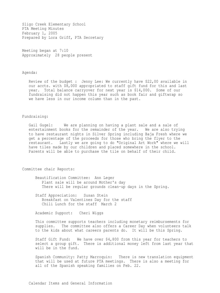 2005 02_01 PTA Meeting Minutes | Mentorship | Gifted Education