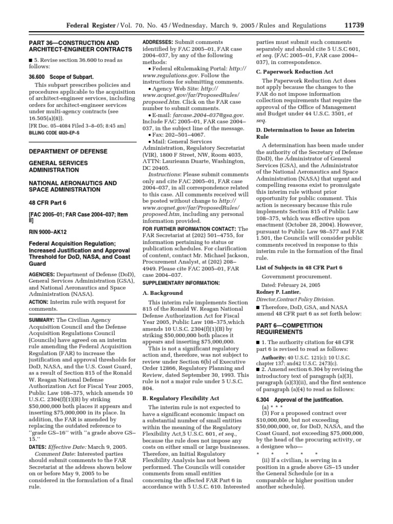 Rule: Federal Acquisition Regulation (FAR) : Increased Justification ...