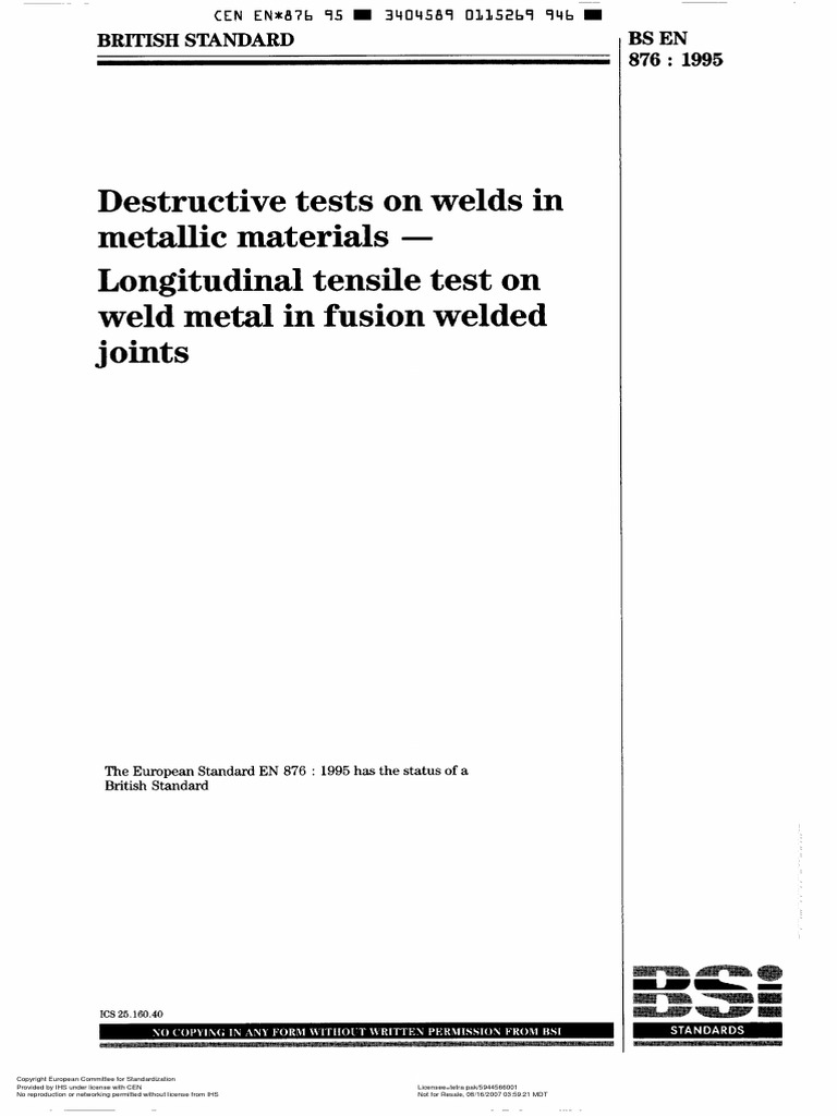 En 876-Longitudinal Tensile Test | PDF | Welding | Construction