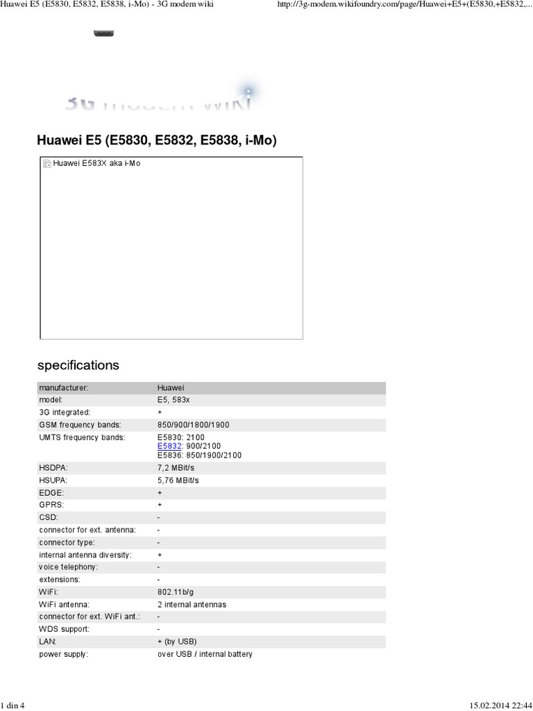 Huawei E5 (E5830, E5832, E5838, I-Mo) - 3G Modem Wiki | PDF | 3 G | Wi Fi