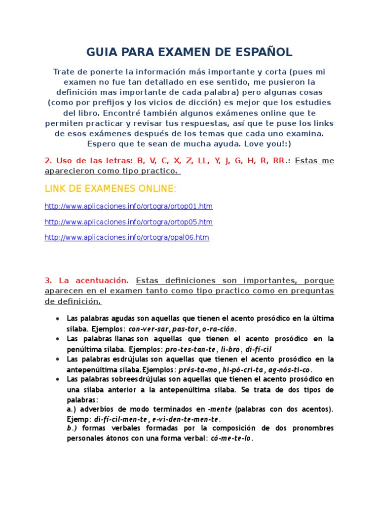 Guia de Examen de Espanol | PDF | Palabra | Sílaba