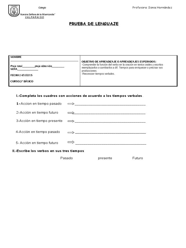 Prueba de Verbos 3°básico | PDF
