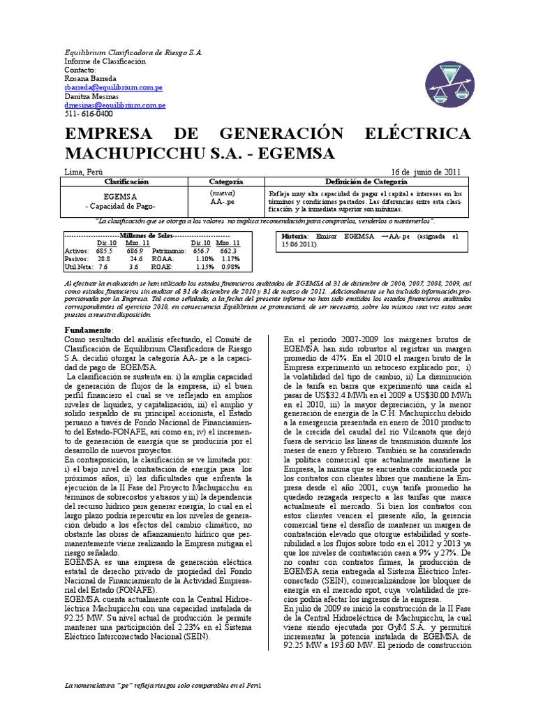 Clasificación de Riesgo de EGEMSA: AA-.pe | PDF | Finanzas y dinero ...