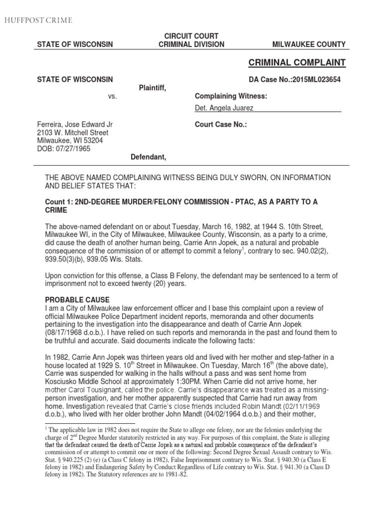 Jose Ferreira Criminal Complaint | PDF | Wisconsin Circuit Courts | Felony