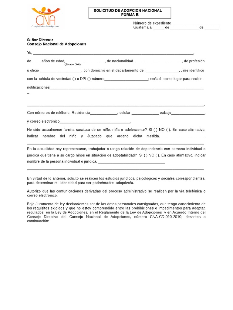 Formato de Solicitud de Adopción Nacional para Madre Soltera | Adopción | Instituciones sociales