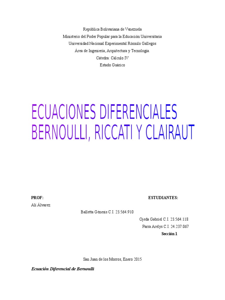 Ecuacion Diferencial de Bernoulli, Riccati y Clairaut | PDF ...