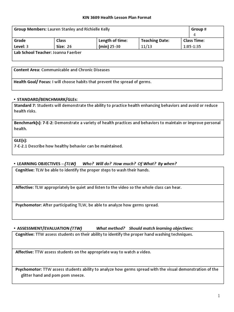 Health Lesson Plan on Germ Prevention | PDF | Psychological Concepts ...
