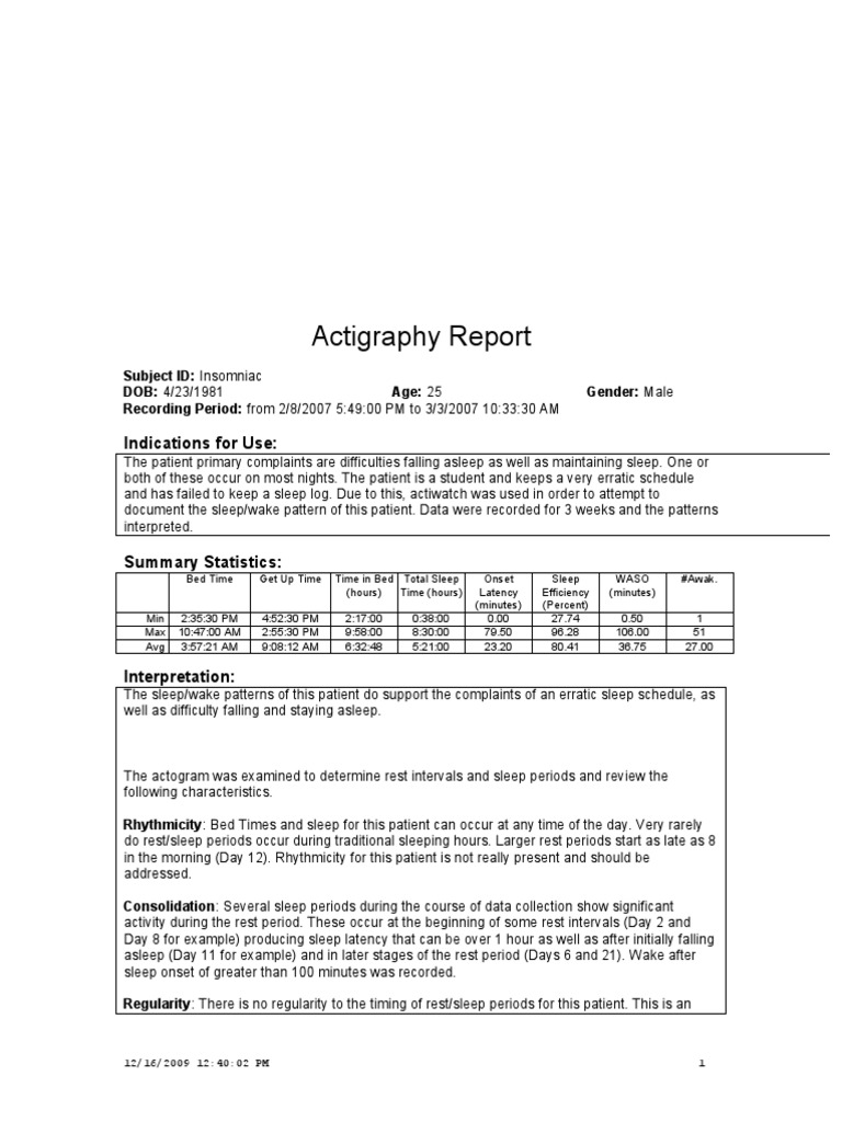 Actigraphy Report for Insomnia Analysis | PDF | Sleep | Neuroscience