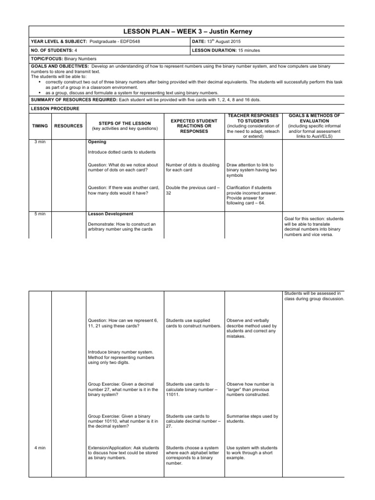 Lesson Plan 2 Binary Numbers Pdf Lesson Plan Education Theory