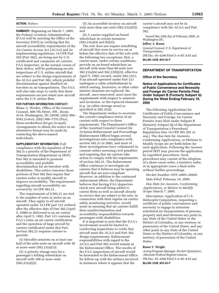 Notice: Air Carrier Access Act: Certificates of Public Convenience and ...