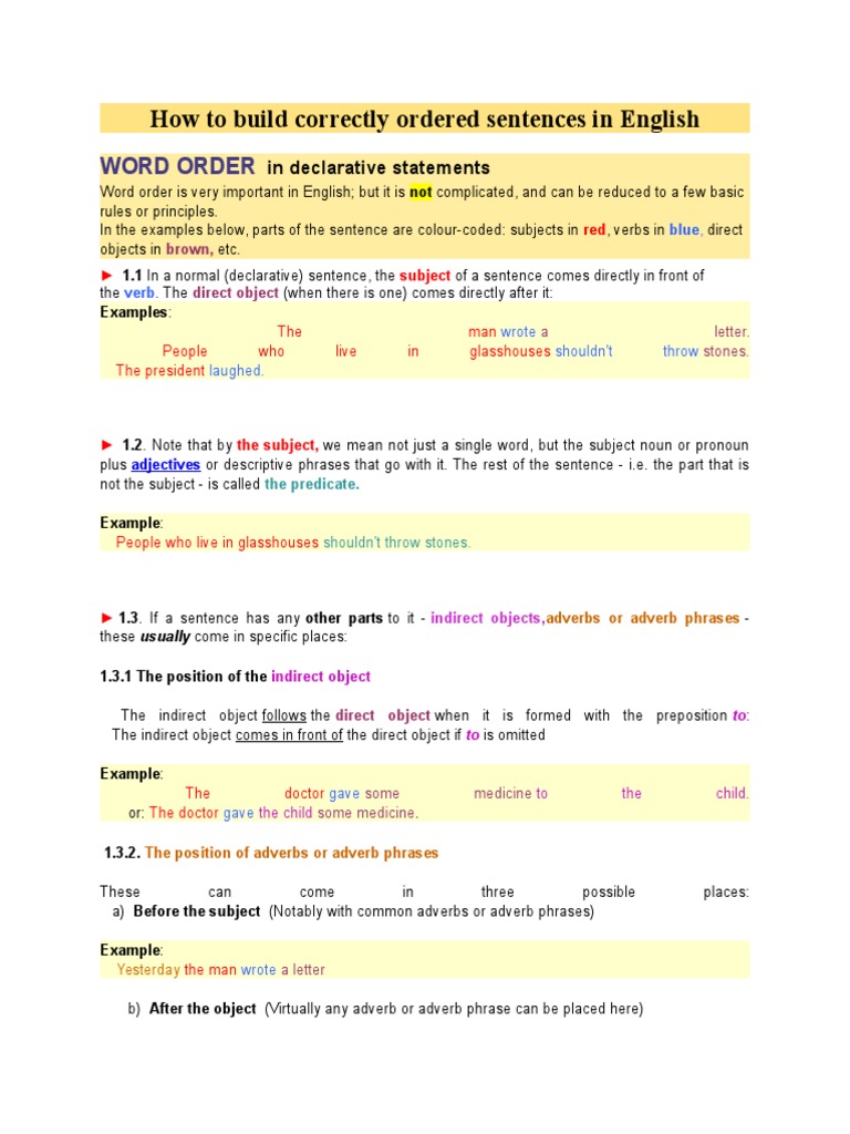 Constructing Ordered English Sentences | PDF | Adjective | Subject ...