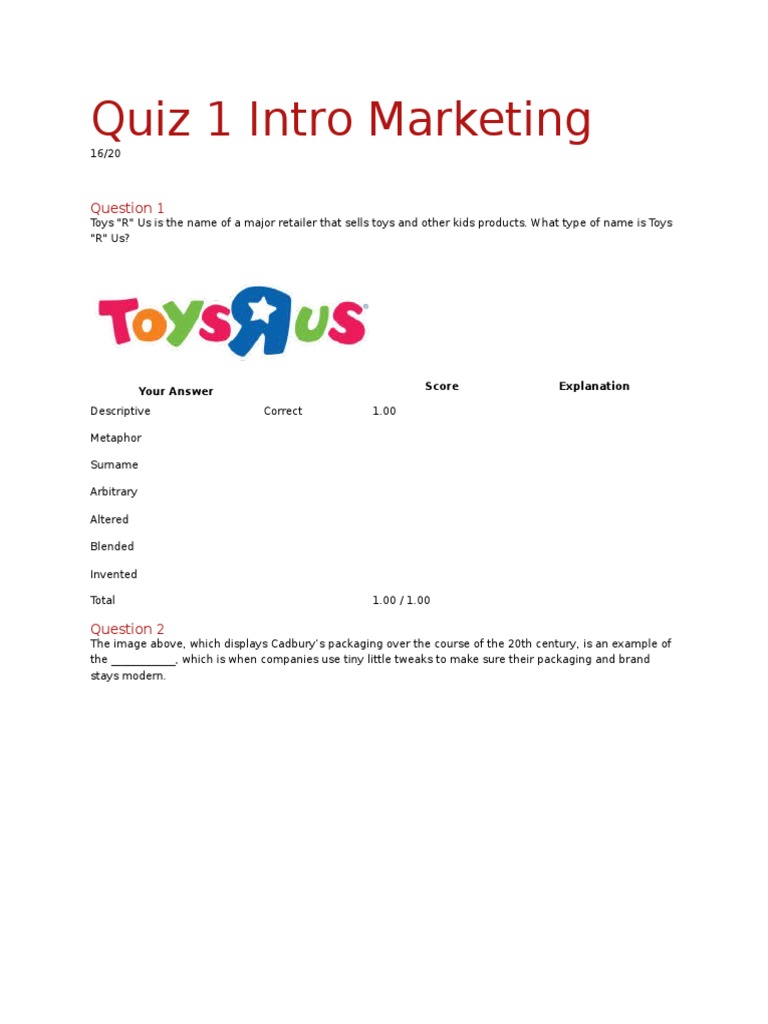 Quiz 1 Intro Marketing | PDF | Brand | Market Segmentation