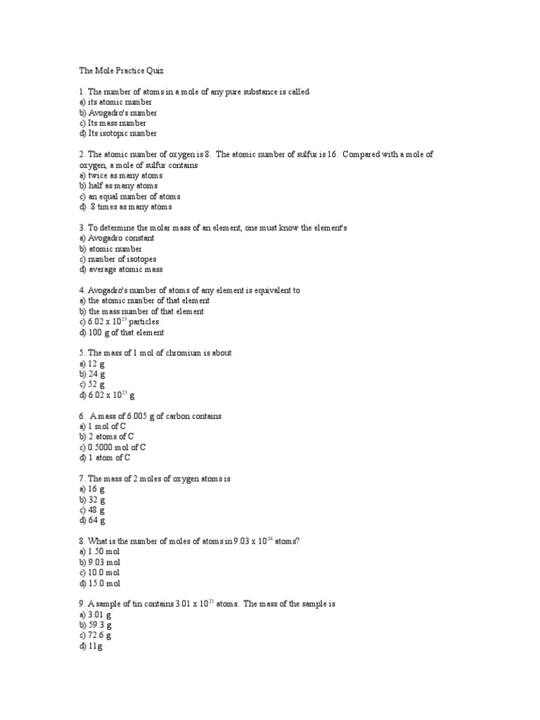 Chem 1 The Mole Practice Quiz | PDF | Mole (Unit) | Chemical Compounds