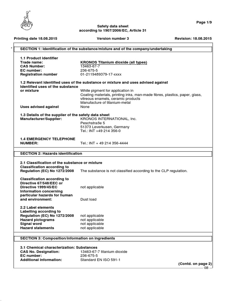 KRONOS Titanium Dioxide SDS | PDF | Dangerous Goods | Toxicity