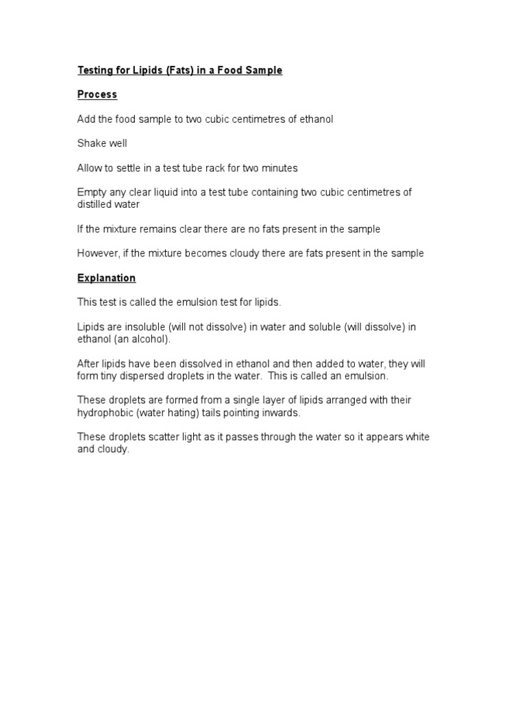 Testing For Lipids (Fats) in A Food Sample Process | PDF | Emulsion ...