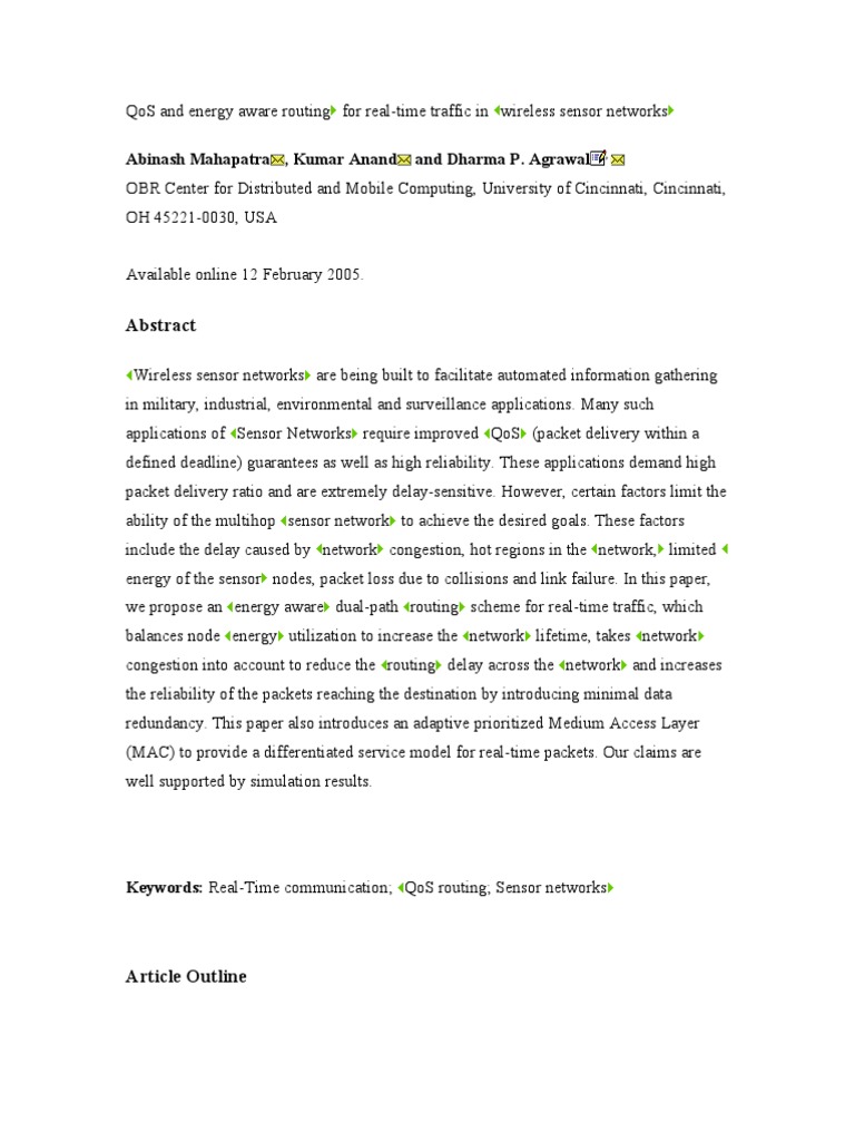 Qos And Energy Aware Routing For Real Time Traffic In Wsn Pdf Routing Wireless Sensor Network