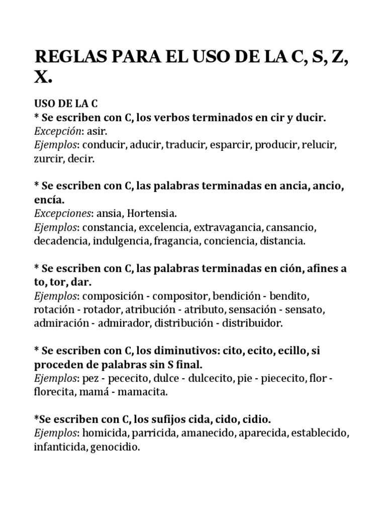 Reglas para El Uso de La C, S, Z, X | Descargar gratis PDF ...