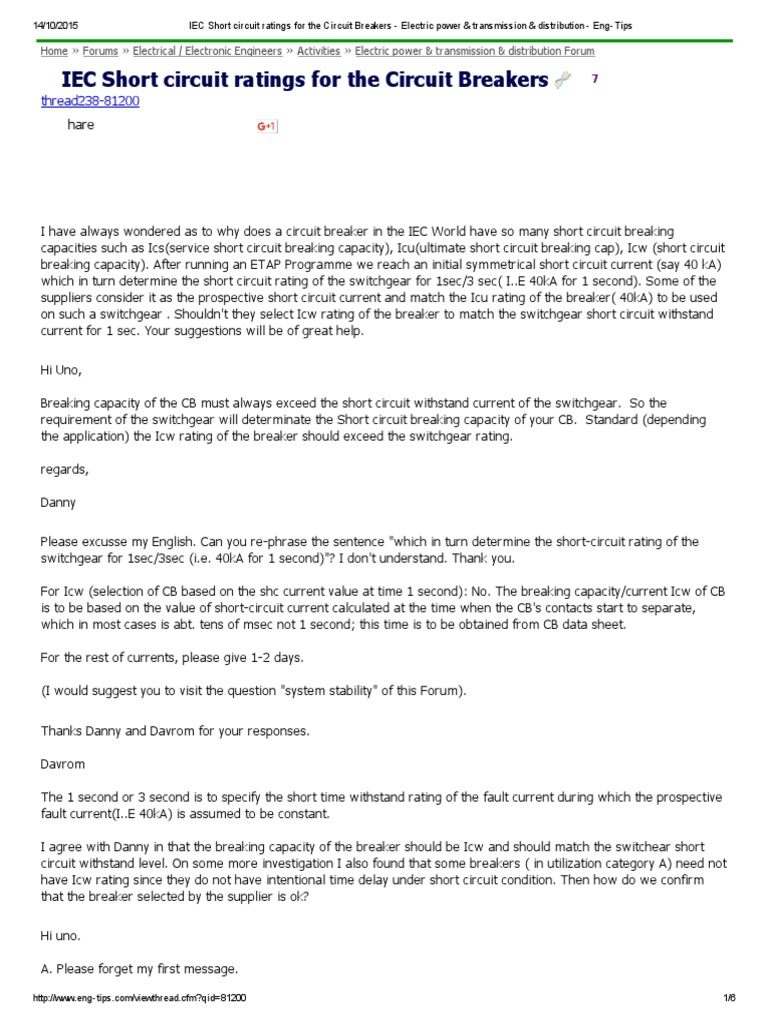 IEC Short Circuit Ratings For The Circuit Breakers - Electric Power ...