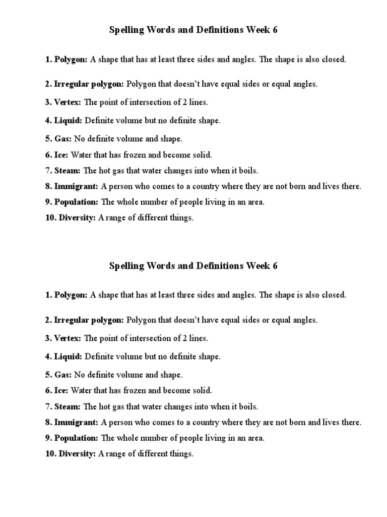 Week 6 Spelling Words & Definitions | PDF