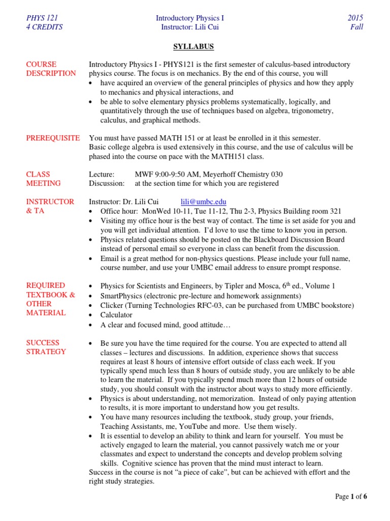 Introductory Physics I Syllabus PHYS 121 | PDF | Rotation Around A ...