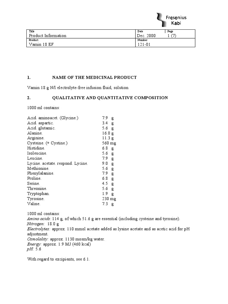 Vamin 18 EF: Infusion Fluid Details | PDF | Intravenous Therapy | Cysteine