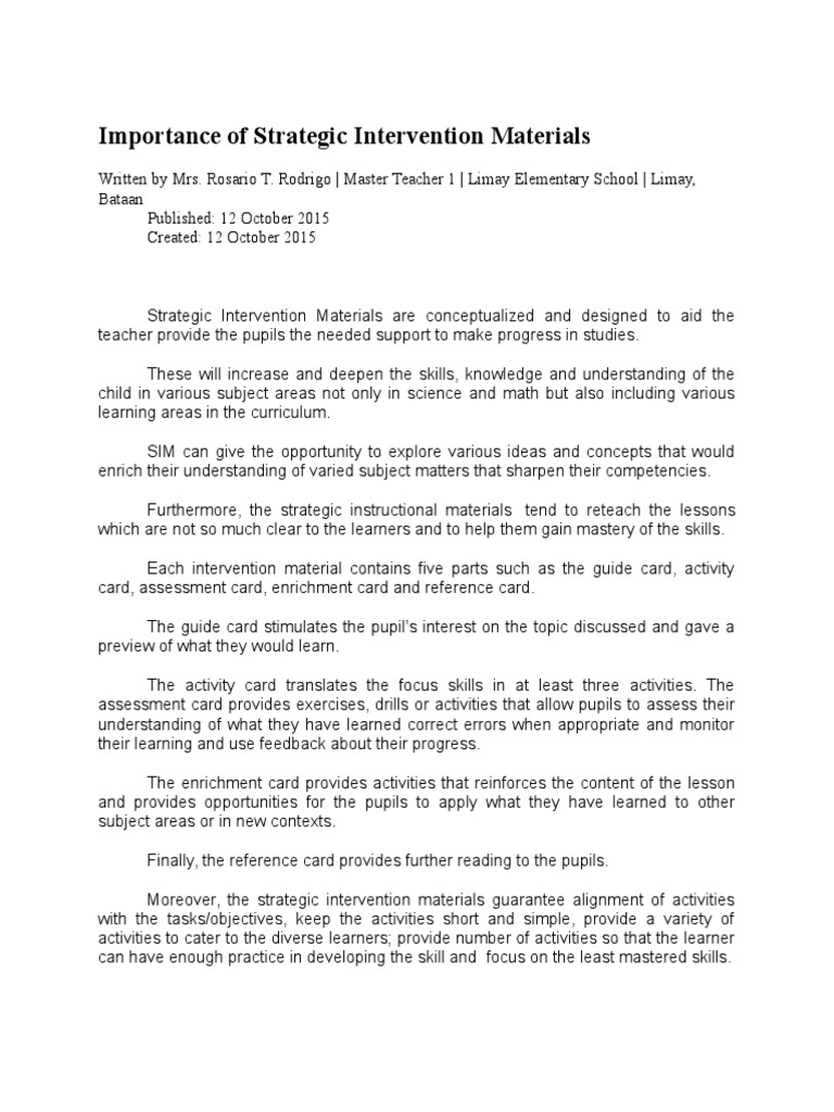 Importance of Strategic Intervention Materials | Teachers | Educational ...