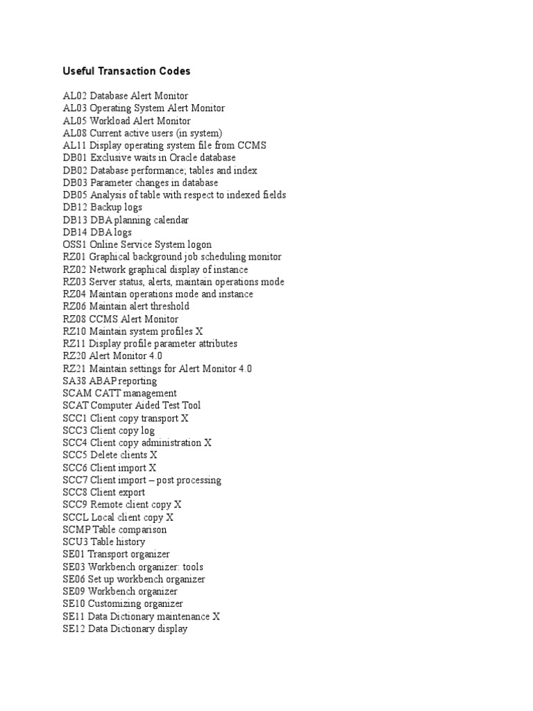 Useful Transaction Codes | PDF | Oracle Database | Databases Useful Transaction Codes | PDF | Oracle Database | Databases