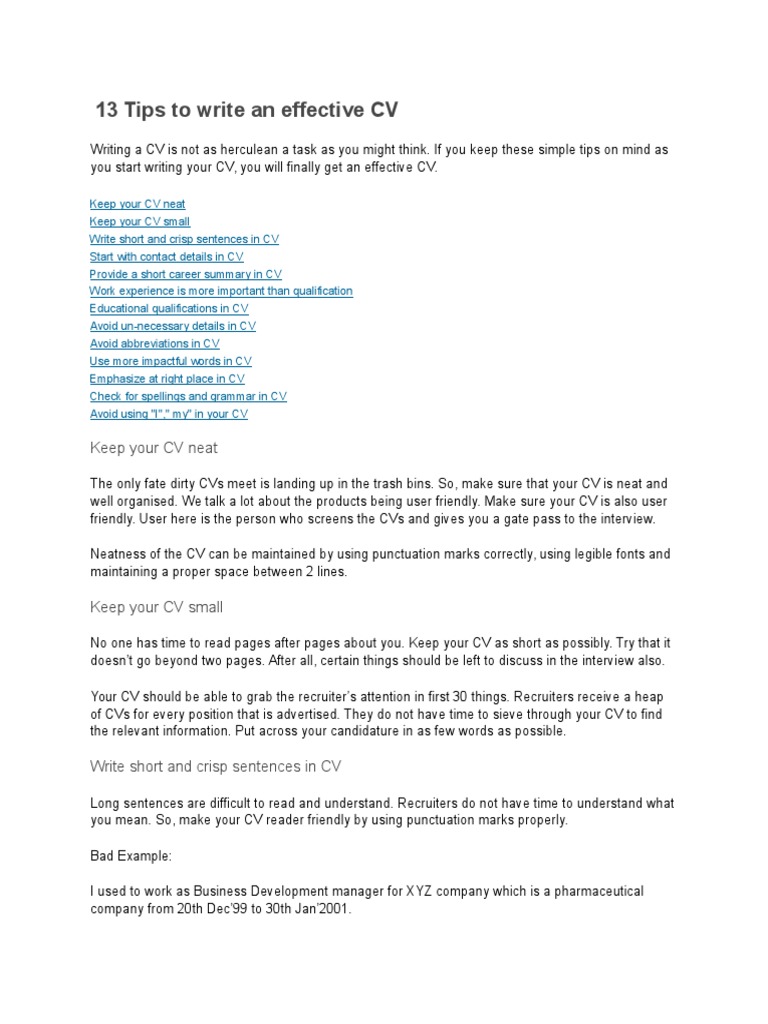 13 Tips for Writing an Effective CV | PDF | Communication | Computing ...
