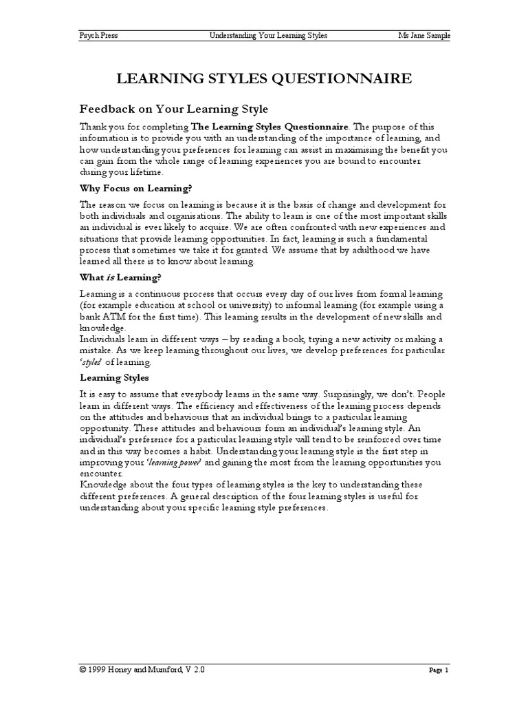 LSQ Report (Sample) | PDF | Learning Styles | Theory