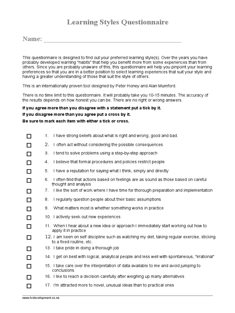 Learning Styles Questionnaire Honey and Mumford11 | Download Free PDF ...