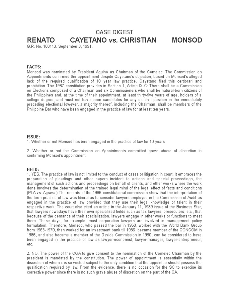 A Renato Cayetano v. Christian Monsod | PDF | Practice Of Law ...