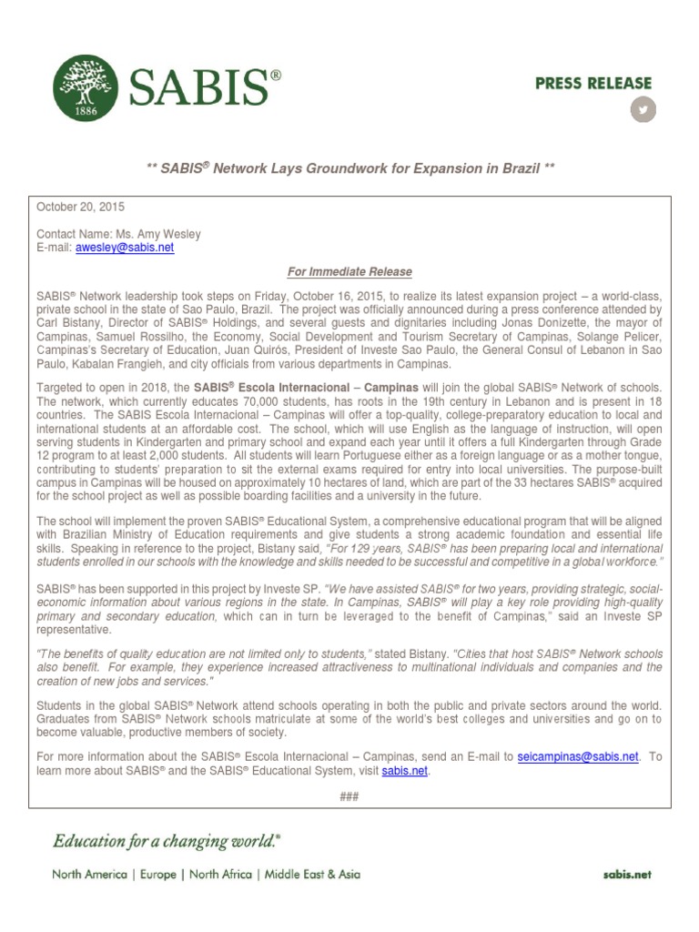 SABIS Network Lays Groundwork For Expansion in Brazil FINAL | PDF ...