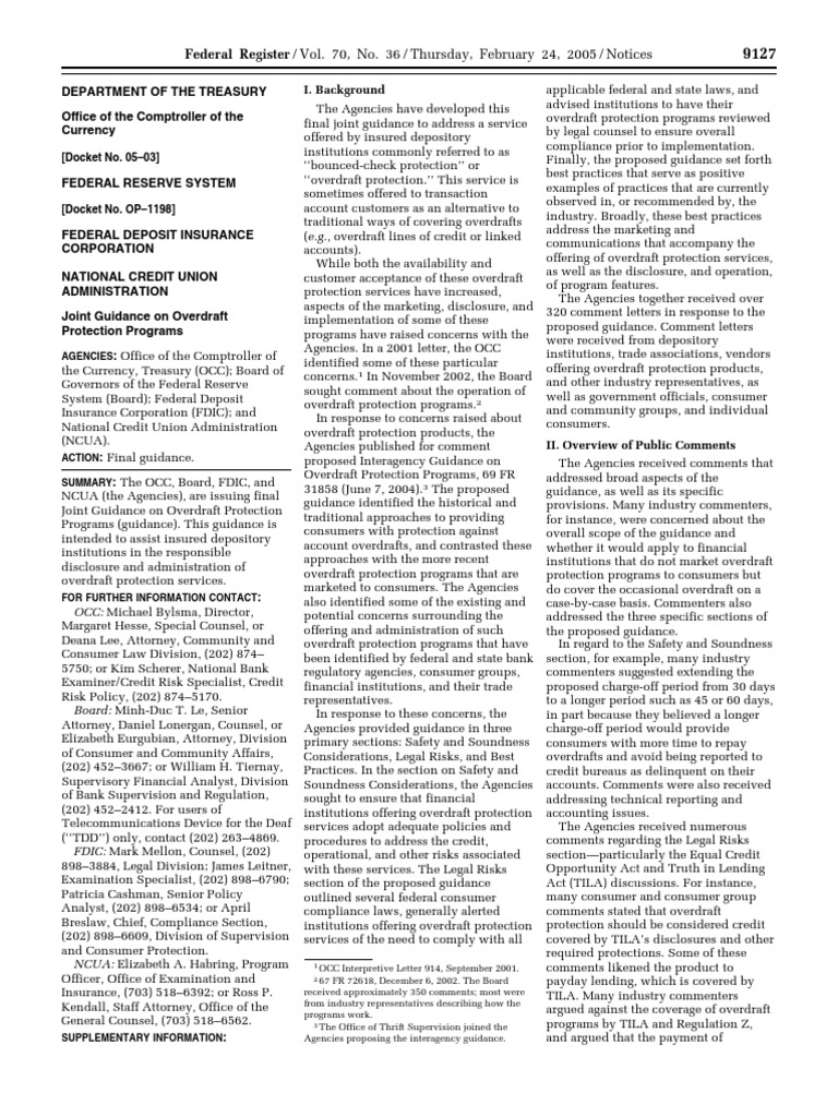 Notice: Banks and Bank Holding Companies: Overdraft Protection Programs ...