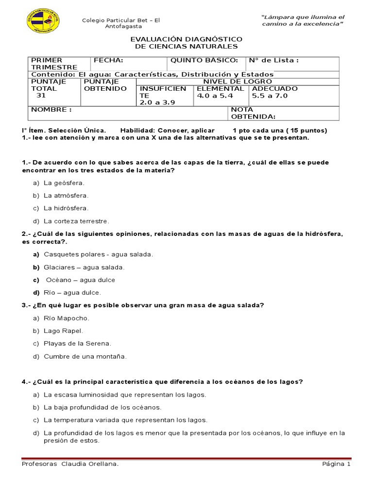 Prueba de Diagnostico de Ciencias Naturales 2015 | PDF | Agua dulce ...