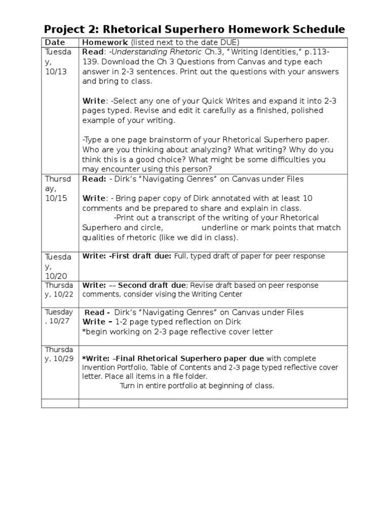 Rhetorical Superhero Homework Schedule | PDF | Language Arts ...