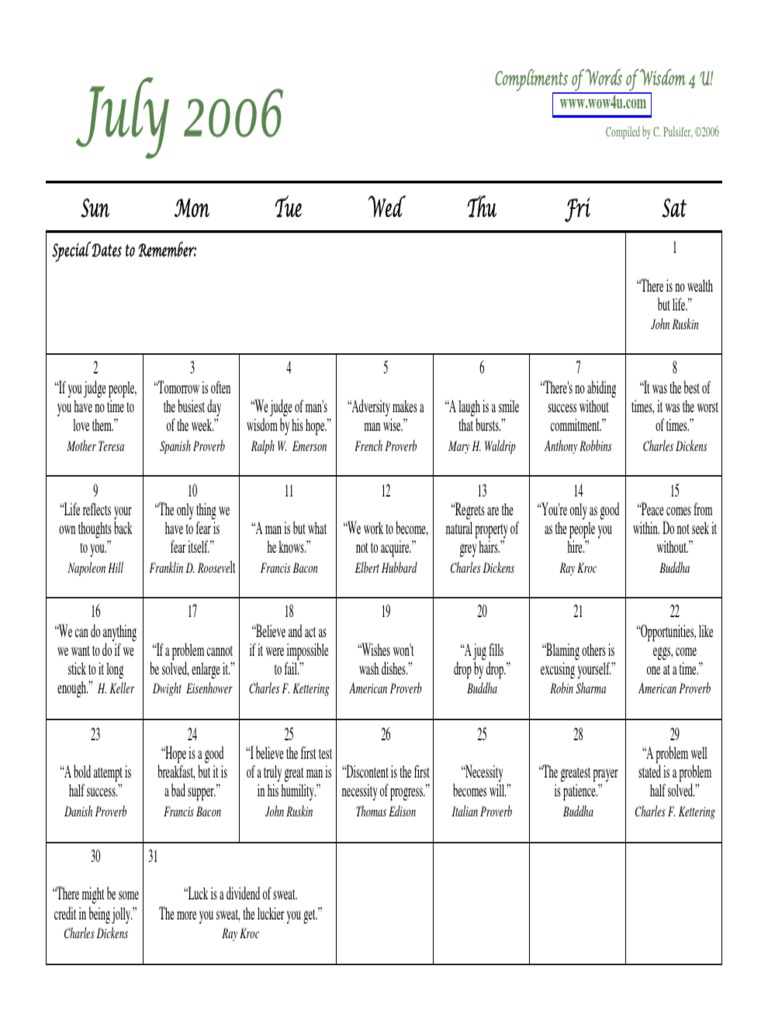 WOW Calendar - July 2006 | PDF | Religion & Spirituality