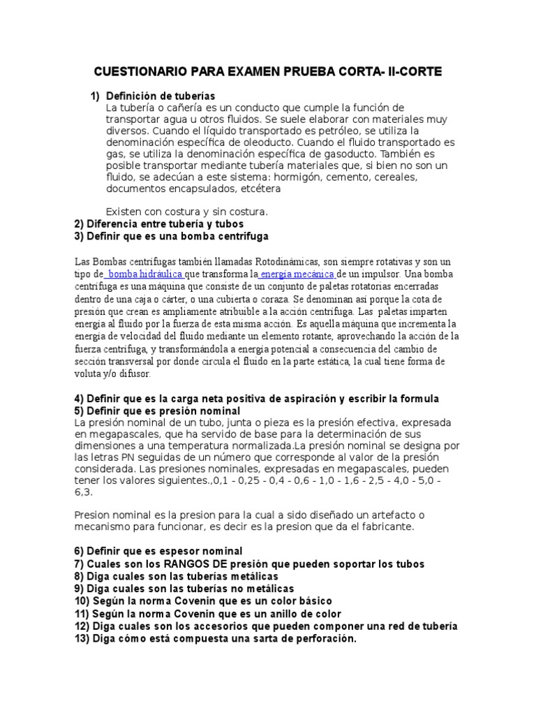 Cuestionario Alex Tuberia | PDF | Tubería (transporte de fluidos) | Bomba