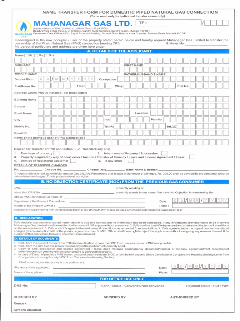 Mahanagar Gas Name Change Form | PDF