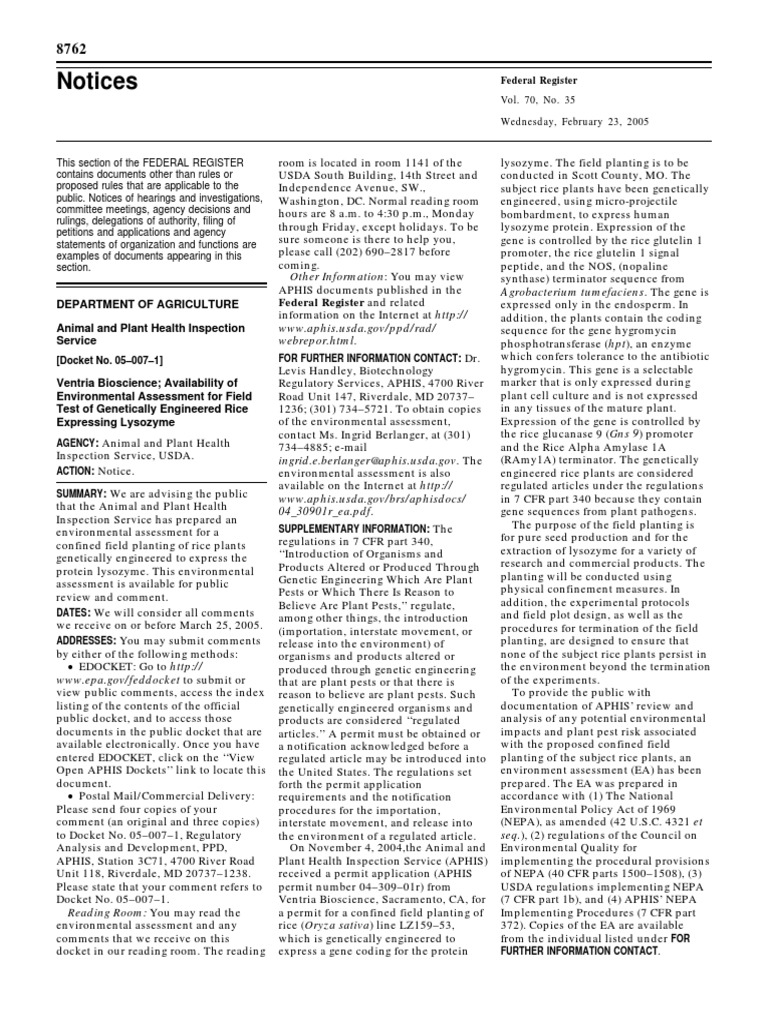 Notice: Environmental Statements Availability, Etc.: Ventria Bioscience Genetically Engineered ...