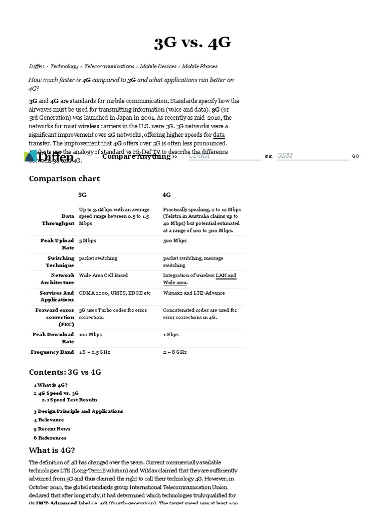 3G Vs 4G - Difference and Comparison - Diffen | PDF | 4 G | At&T Mobility
