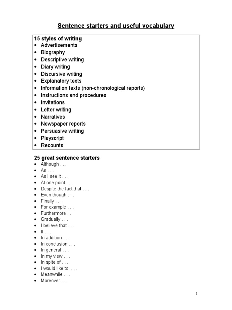 Writing Styles and Sentence Starters Guide | PDF