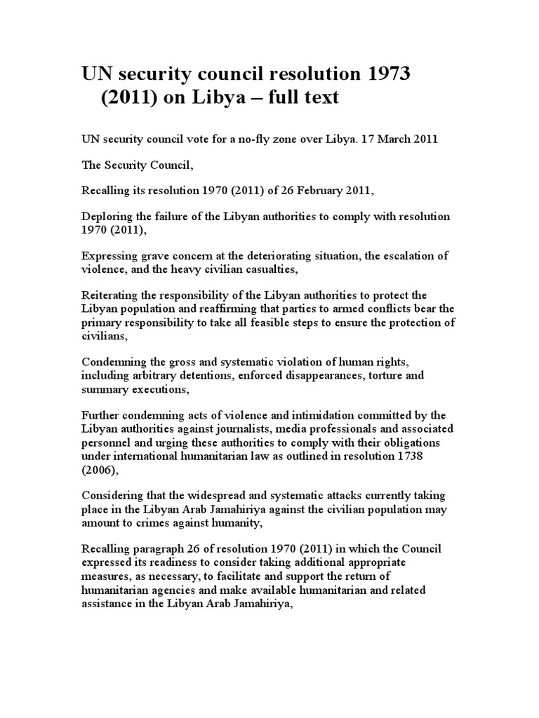 UN Security Council Resolution 1973 (2011) On Libya - Full Text | PDF ...