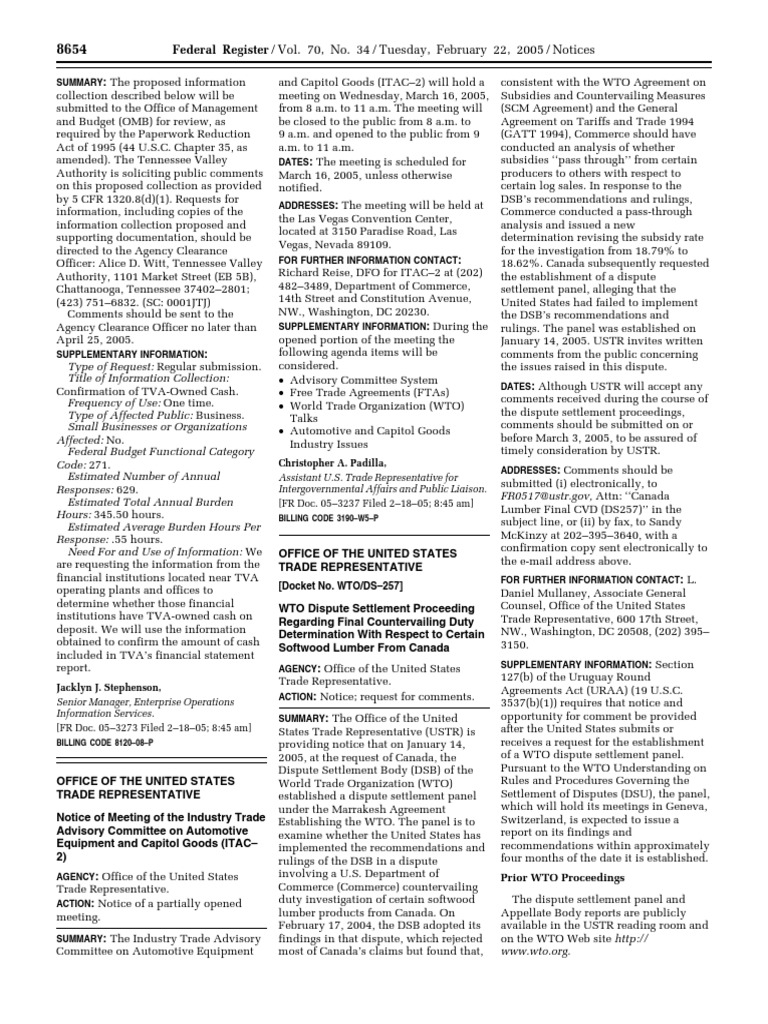 Notice: Meetings: Industry Trade Advisory Committees— Canada Softwood ...