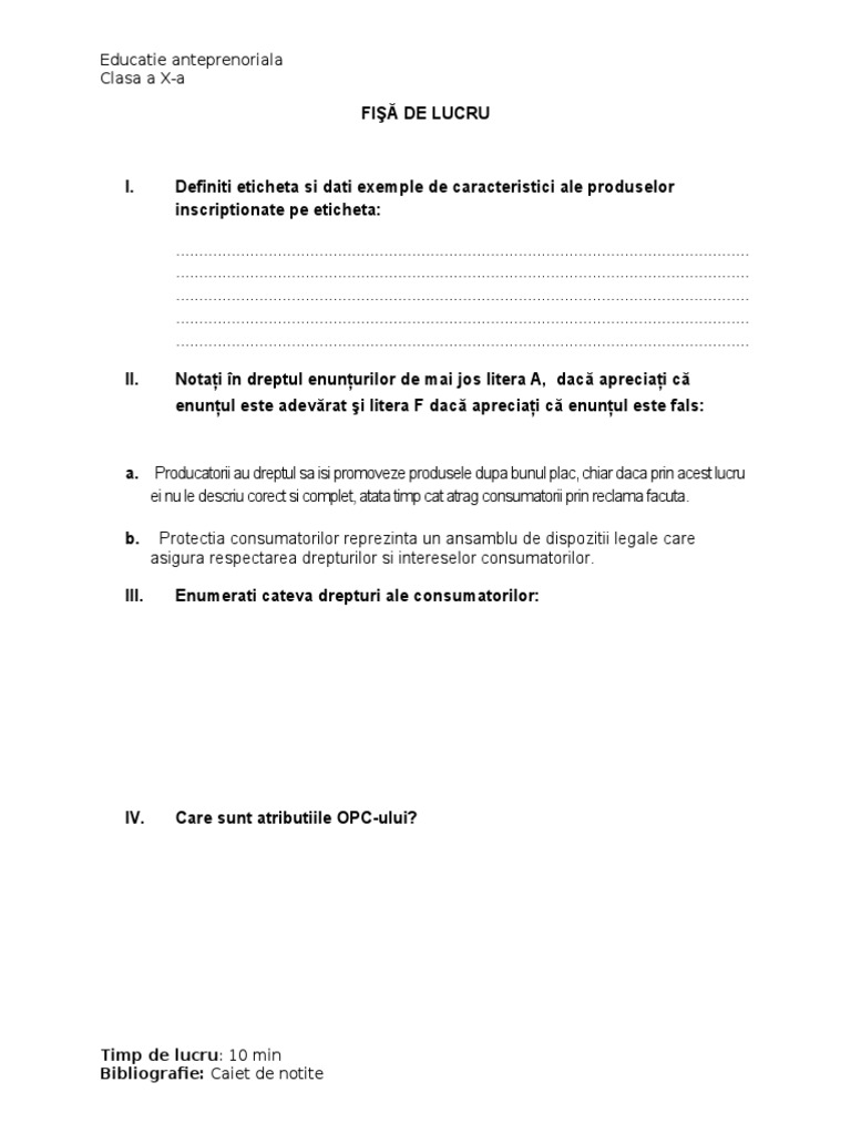 Fisa de Lucru - Protectia Consumatorului | PDF